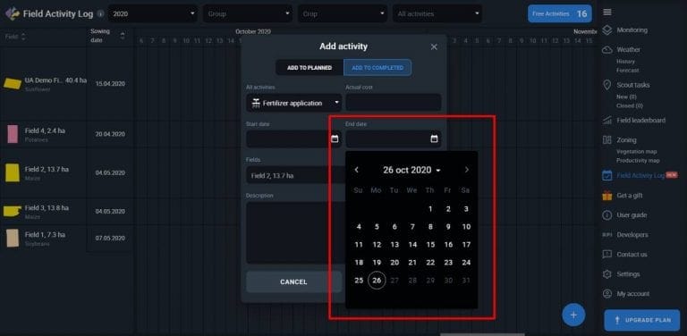 Field Activity Log: Userguide On EOSDA Crop Monitoring
